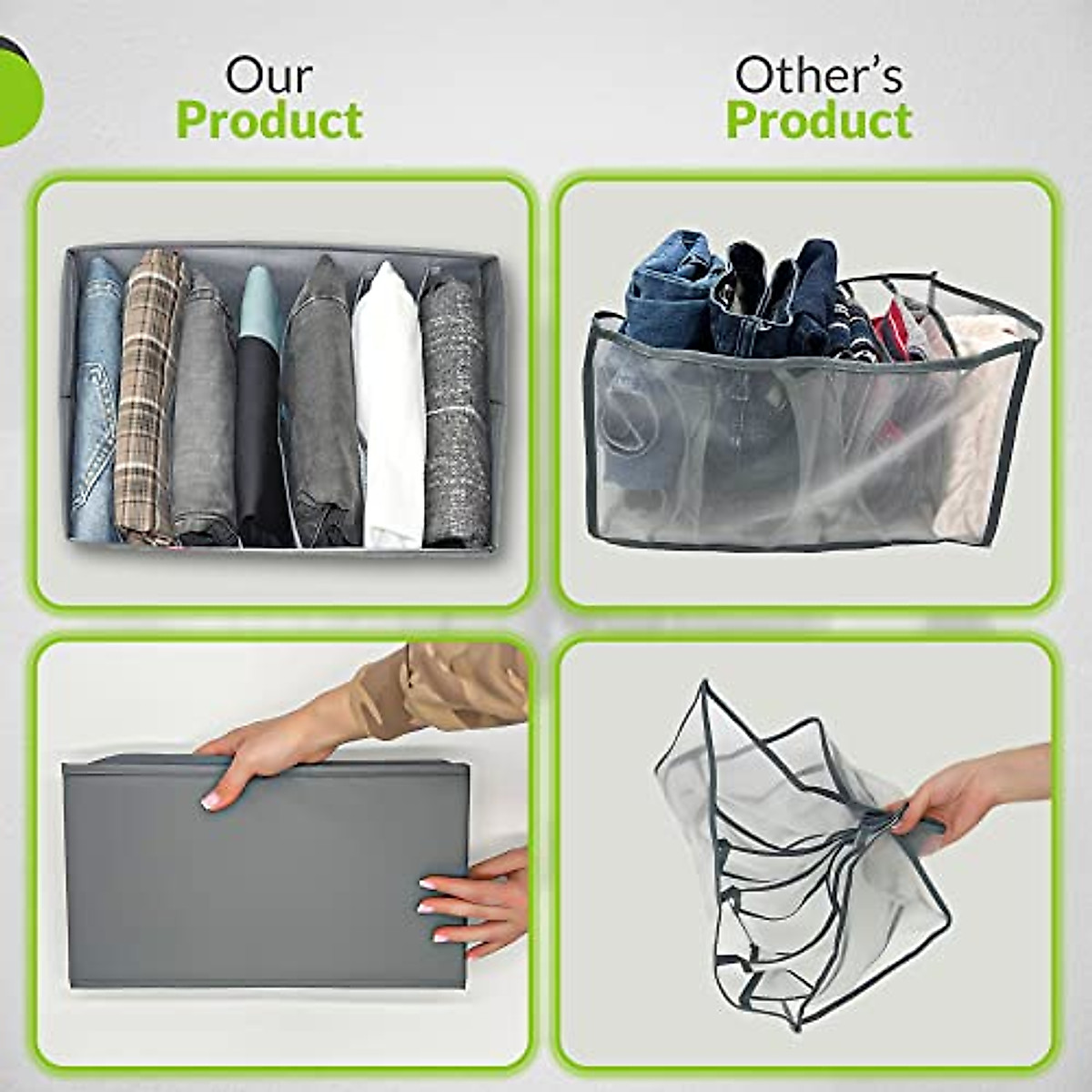 7 Grids Wardrobe Clothes Organizer 2PCS, HM-Organize Stackable Foldable Compartment Storage Box for Jeans, Socks, Scarves, Leggings, T-shirt, Pants, Underwear in Dressing room (Gray), 14.2x9.8x8