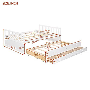 Rhomtree Storage Full Size Bed with Twin Trundle and Drawers Wood Daybed Captain’s Bed Bedroom Furniture for Kids Teens Guests (Full White)