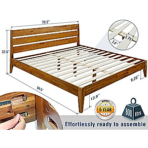 Acacia Emery Bed Frame with Headboard Solid Wood Platform Bed, Bed Frame King, Scandinavian Signature Wood Bed Compatible with All Mattresses, Non-Slip and Noise-Free, Caramel
