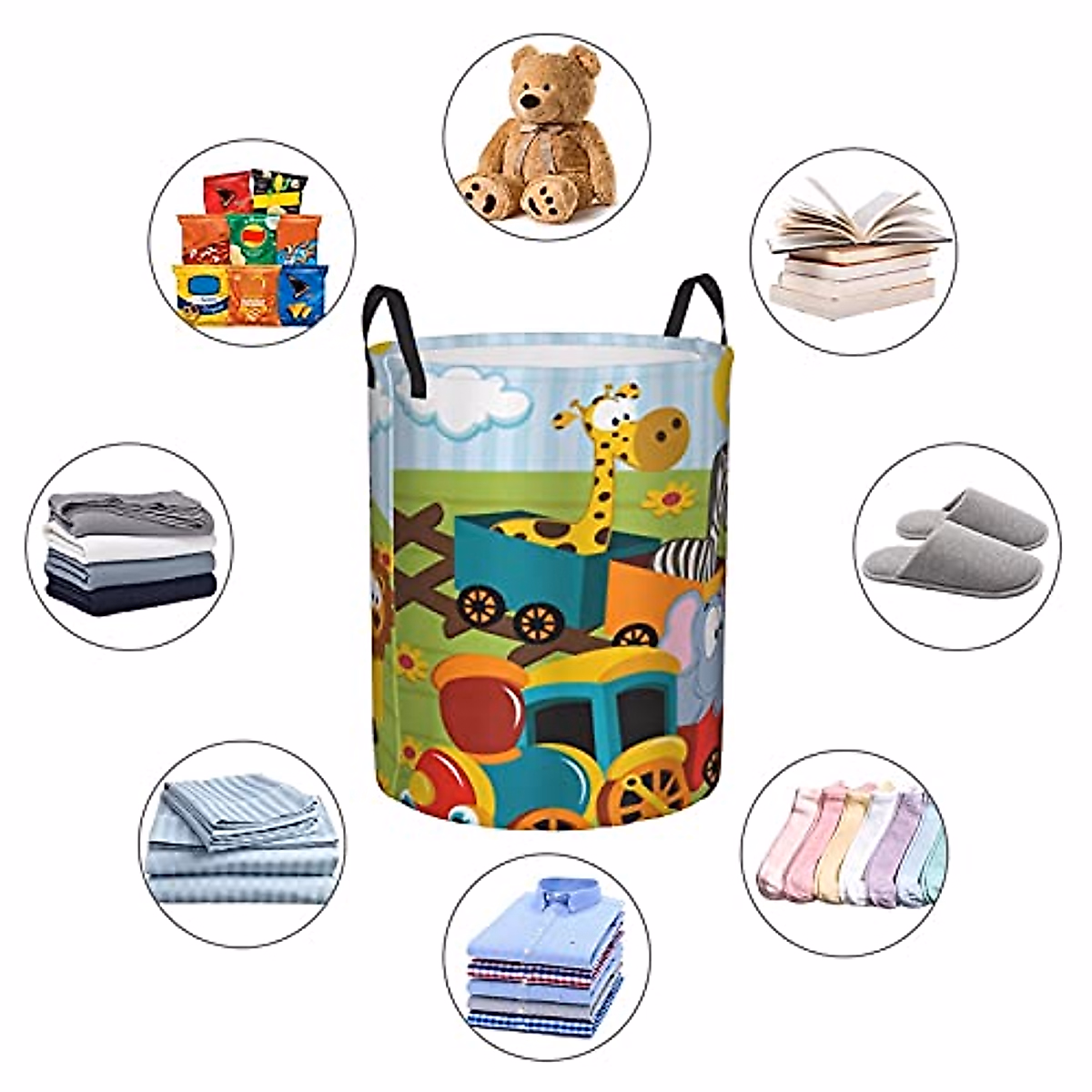 Laundry Basket,Cartoon Baby Safari Wild Animals In A Train With Striped Backdrop Toys Artwork,Large Canvas Fabric Lightweight Storage Basket/Toy Organizer/Dirty Clothes Collapsible Waterproof For College Dorms-Large