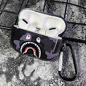 Shark Teeth Softshell Silicone Camouflage Airpods Case, IMD Case Shockproof Case Skin with Key Ring, Suitable for Apple Airpods Pro (Black)