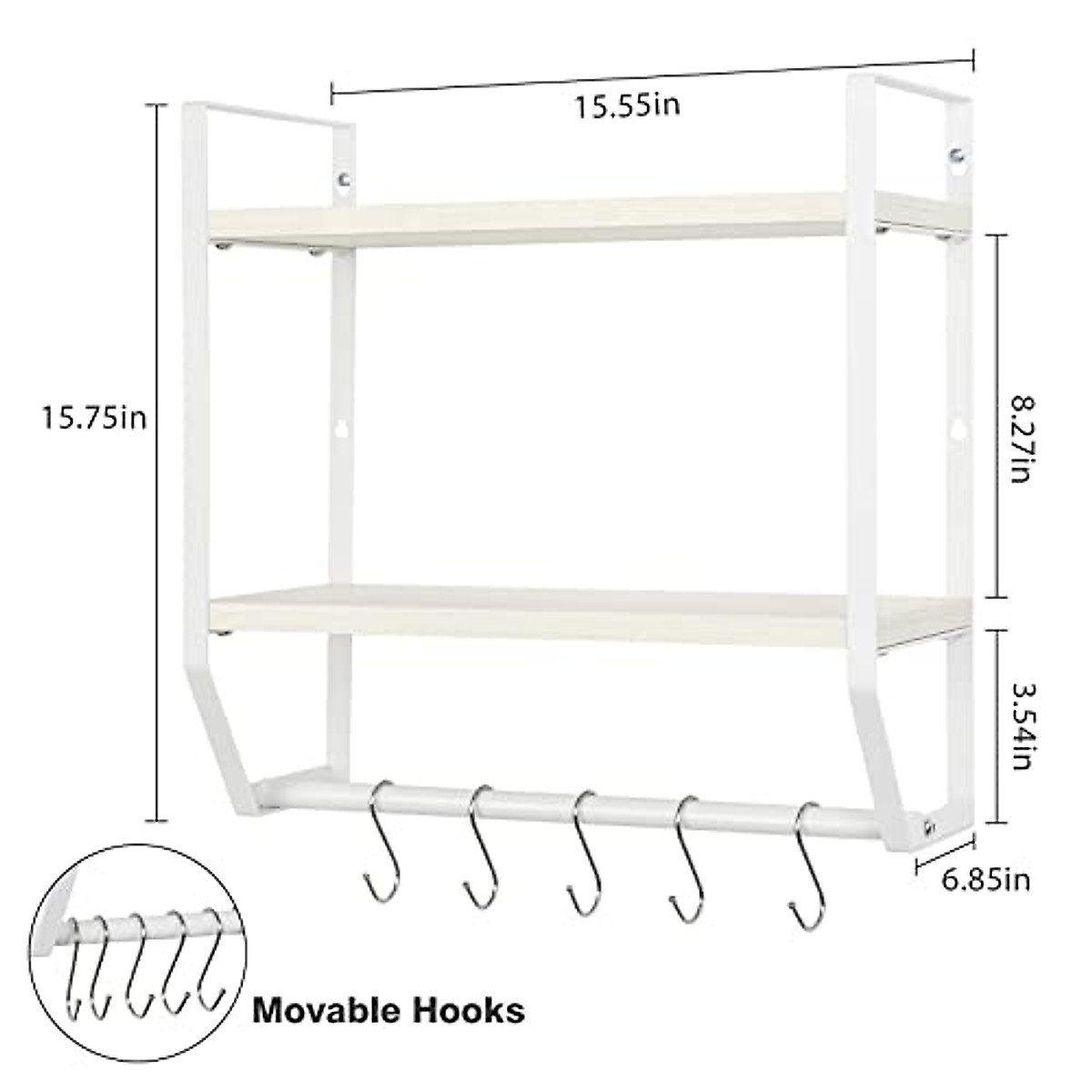 Bathroom Shelf with Towel Bar 2 Tier Wall Mounted Industrial Towel Rack with Shelf 5 Hooks for Bathroom Kitchen Living Room (White)