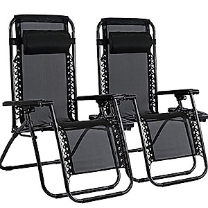 Zero Gravity Chairs, Folding Reclining patio chairs Set of 2 Adjustable Lawn Chairs with Cup Holder Padded Headrest lounge chairs, Camping accessories, for Deck, Beach, Poolside and Yard (Black)