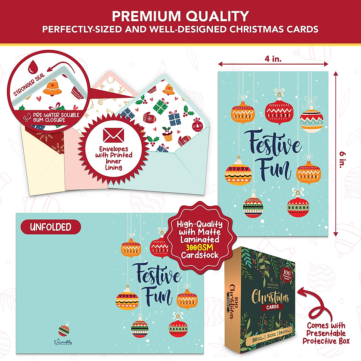 Decorably 100 Pack Foiled & Glittery Christmas Cards with Envelopes & Stickers, 20 Designs Printed Message Inside Christmas Cards Bulk, 4x6in Merry Christmas Card, Boxed Christmas Cards with Envelopes