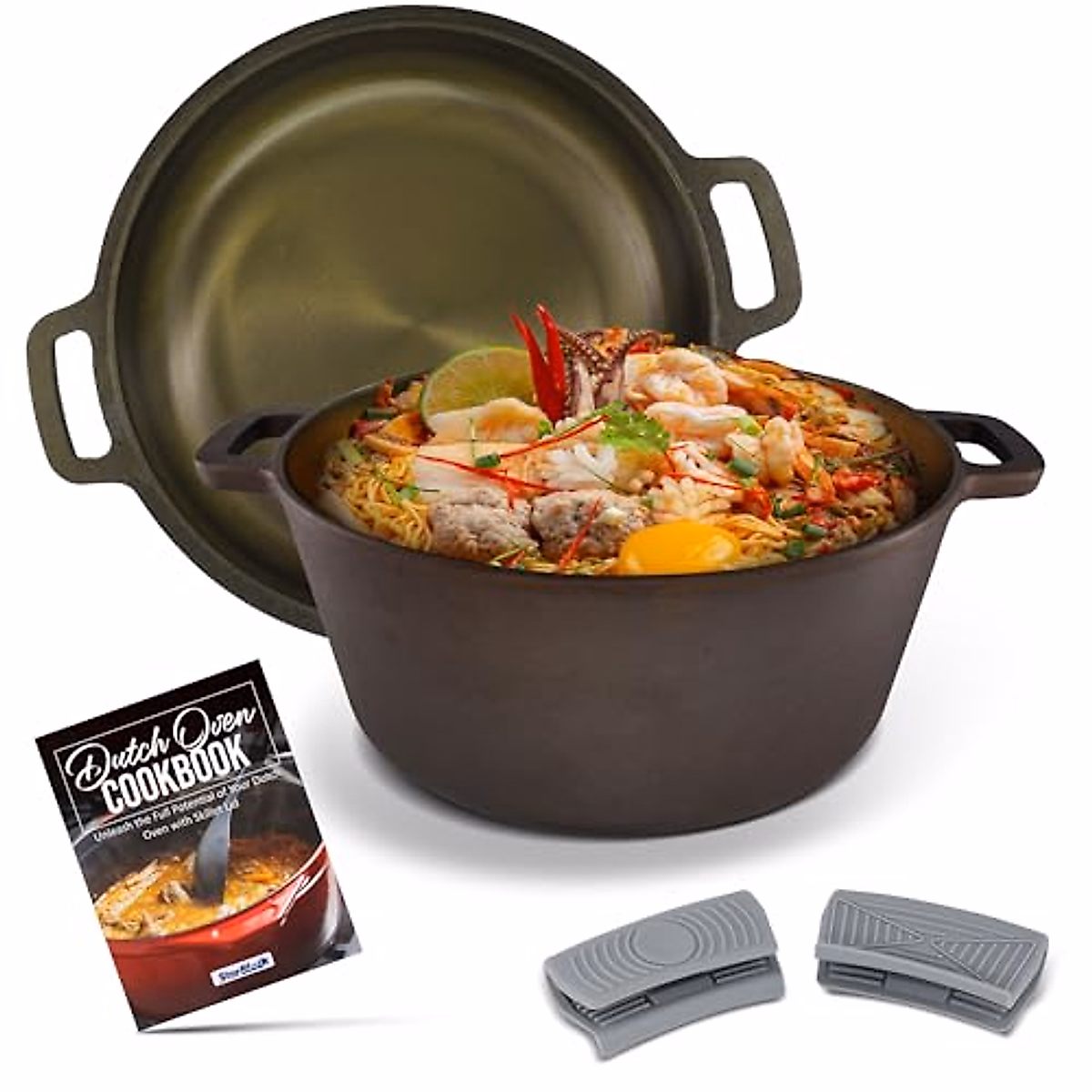 Smooth and Polished Cast Iron Dutch Oven by StarBlue – 5 qt Cast Iron with 10 Inches Diameter, 2 in 1 Multipurpose Skillet and Pot for Non-Stick Cooking