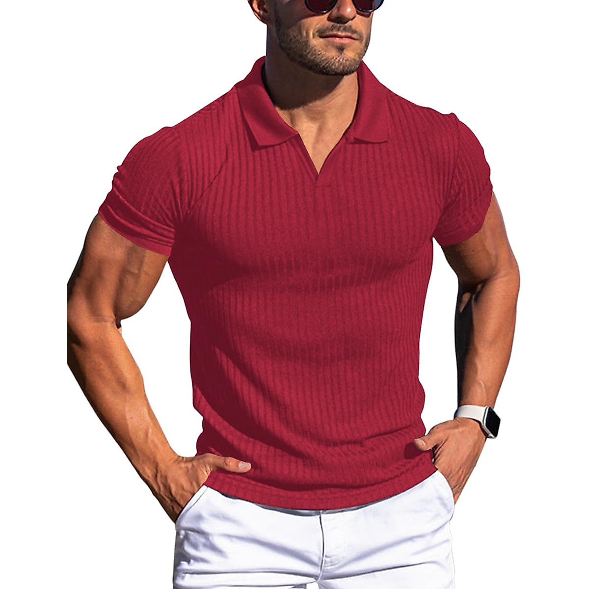 Gnvviwl Men's Muscle V Neck Polo Shirts Slim Fit Short Sleeve Cotton Golf T-Shirts Ribbed Knit Soft Tees Wine Red