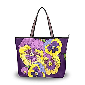 Pansies Florals Tote Bag Aesthetic, Large Capacity Zipper Women Grocery Bags Purse for Daily Life 2 Sizes