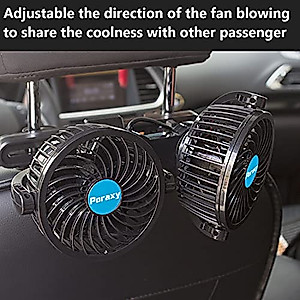 Poraxy Car Fan, 12V Electric Auto Cooling Fan for Backseat, Headrest 360 Degree Rotatable Dual Head Stepless Speed Rear Seat Air Fan for Sedan SUV RV Boat