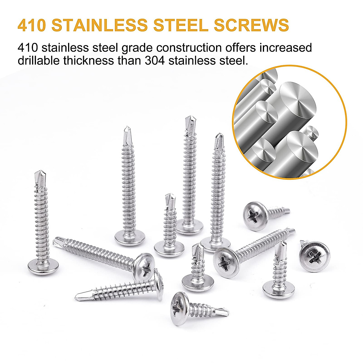 VIGRUE 185Pcs #8 Truss Head Self Tapping Screws, 410 Stainless Steel Low Profile Self Drilling Tek Screw Assortment Kit, Length 1/2'' to 1-1/2''