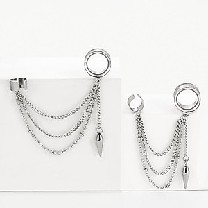 LADEMAYH 2PCS Ear Cuff Chains Plugs Tunnels Gauges Earrings Stainless Steel Non-Piercing Adjustable Cartilage Clip On Wrap Classy Tassel Dangle Taper Body Jewelry Silver 10mm=00g