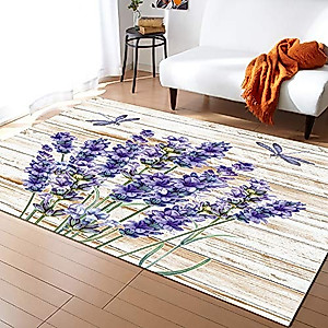 Indoor Area Rug 2' x 3' Purple Floral Lavender Dragonfly, Non-Slip Floor Rugs for Living Room/Bedroom/Baby Room/Nursery, Throw Carpet Floor Modern Home Decor Retro Country Wooden Board