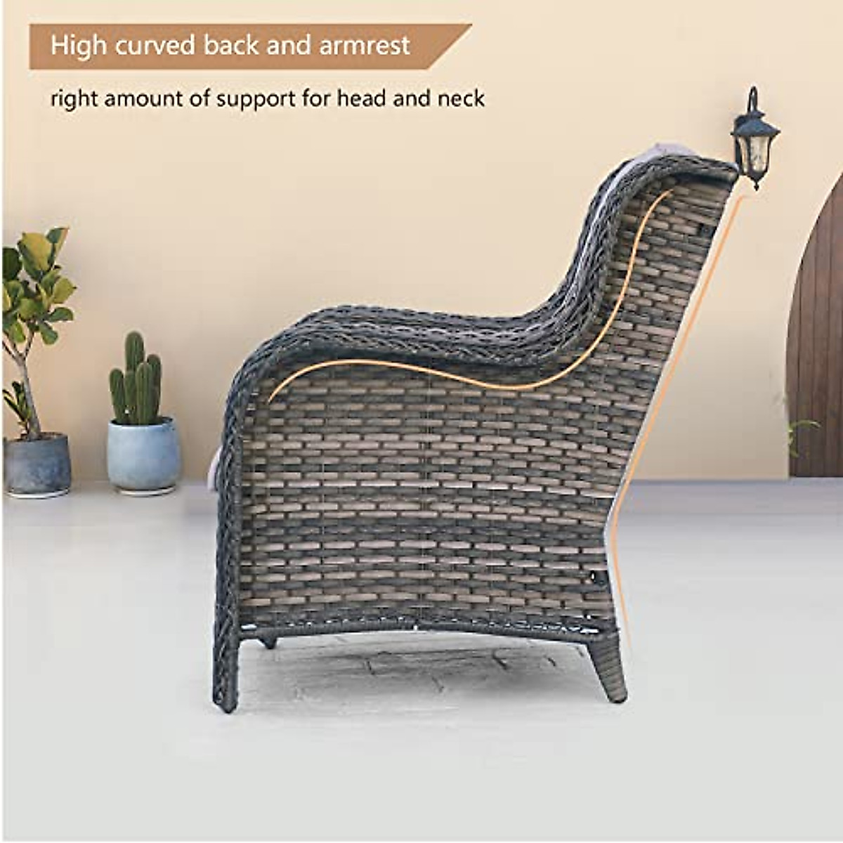 HUMMUH Outdoor Wicker Chairs PE Rattan Patio Dining Chairs Set of 2 High Back Curved Armrest Porch Chairs with 4 inch Seat Cushions (Grey Chairs with Blue Cushions, 35‘’D x 31''W x 35''H)