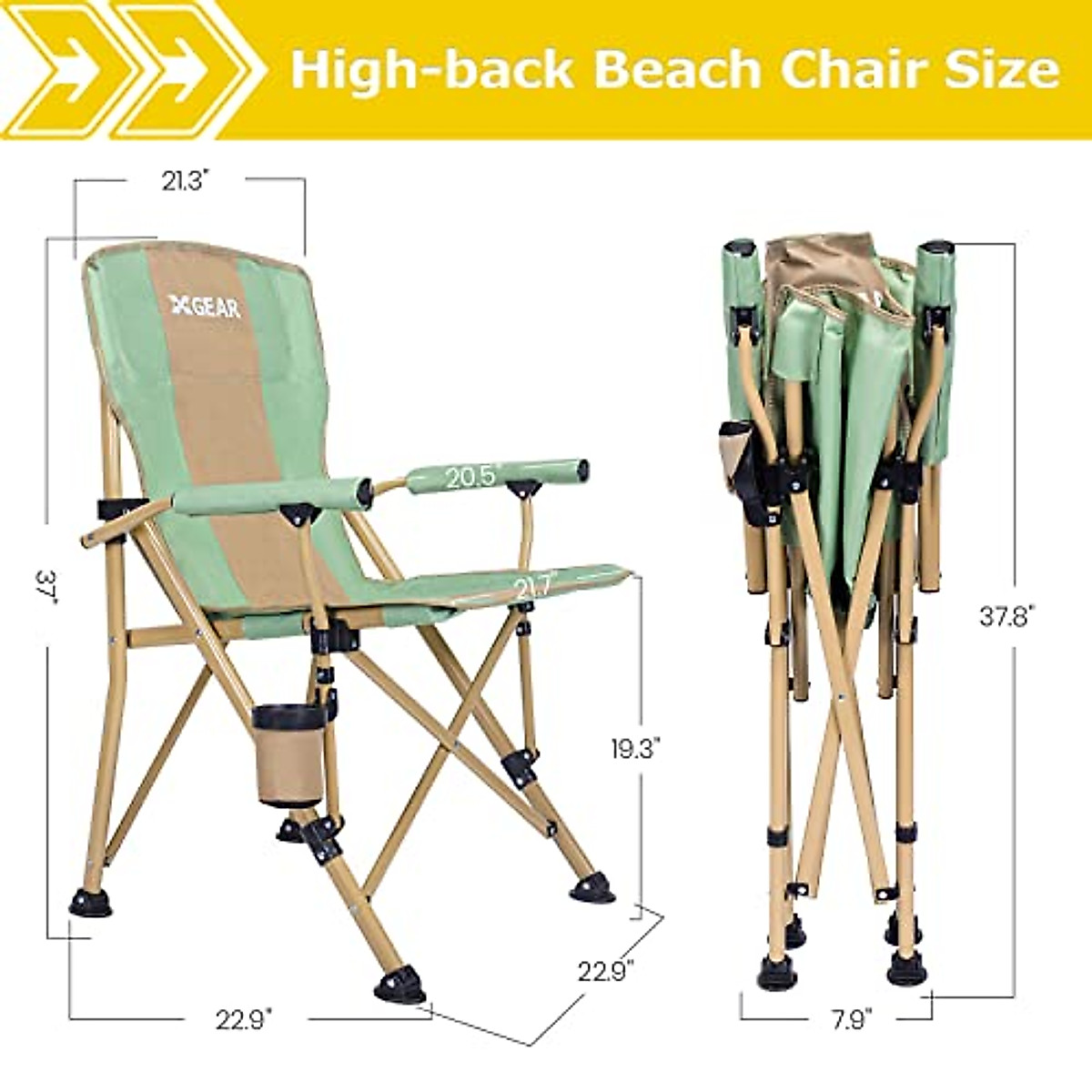 XGEAR Camping Chair with Padded Hard Armrest, Sturdy Folding Camp Chair with Cup Holder, Storage Pockets Carry Bag Included, Support to 400 lbs (1-Green)
