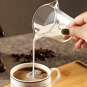 2 Pack 3oz Heat Resistant Glass Espresso Measuring Glass Espresso Shot Glass Triple Pitcher Barista Double Spouts With Pouring Handle Barista Measuring Cup Double Shot Glass (Glass Handle)