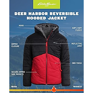 Eddie Bauer Boys' Reversible Jacket - Waterproof Lightweight Fleece Lined Hooded Puffer Coat - Boys Outerwear Jacket (5-20), Size 7-8, Chili Pepper