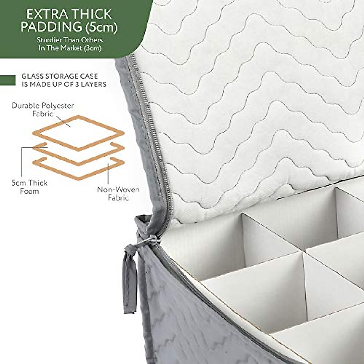 LotFancy Stemware Storage Containers, 2-Pack, Deluxe Quilted Storage Case with Dividers for 24 - Wine Glasses, Champagne Flutes, Glassware, Drinkware Storage Box Chest, 15.5”x12.5”x 10”, Gray