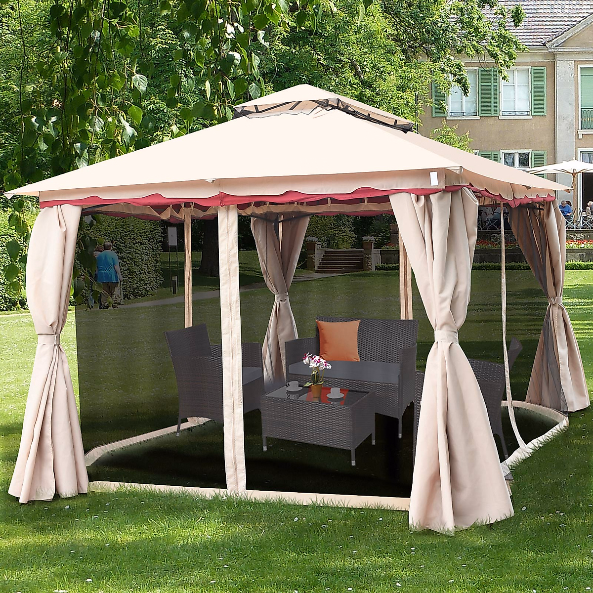 Tangkula 13x10 Feet Patio Gazebo, Outdoor Steel Gazebo with Mesh Netting and Privacy Side Walls, 2-Tier Canopy Gazebo w/ 130 Square Feet of Shade, Ideal for Patio, Yard, Garden