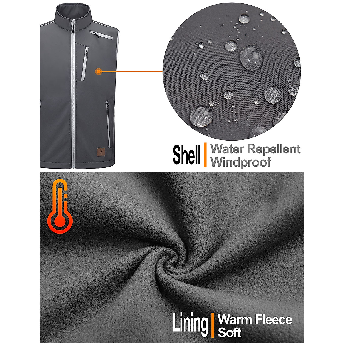 Little Donkey Andy Men's Lightweight Fleece Lined Softshell Vest Windproof Sleeveless Jacket for Hiking Travel Golf Gray L