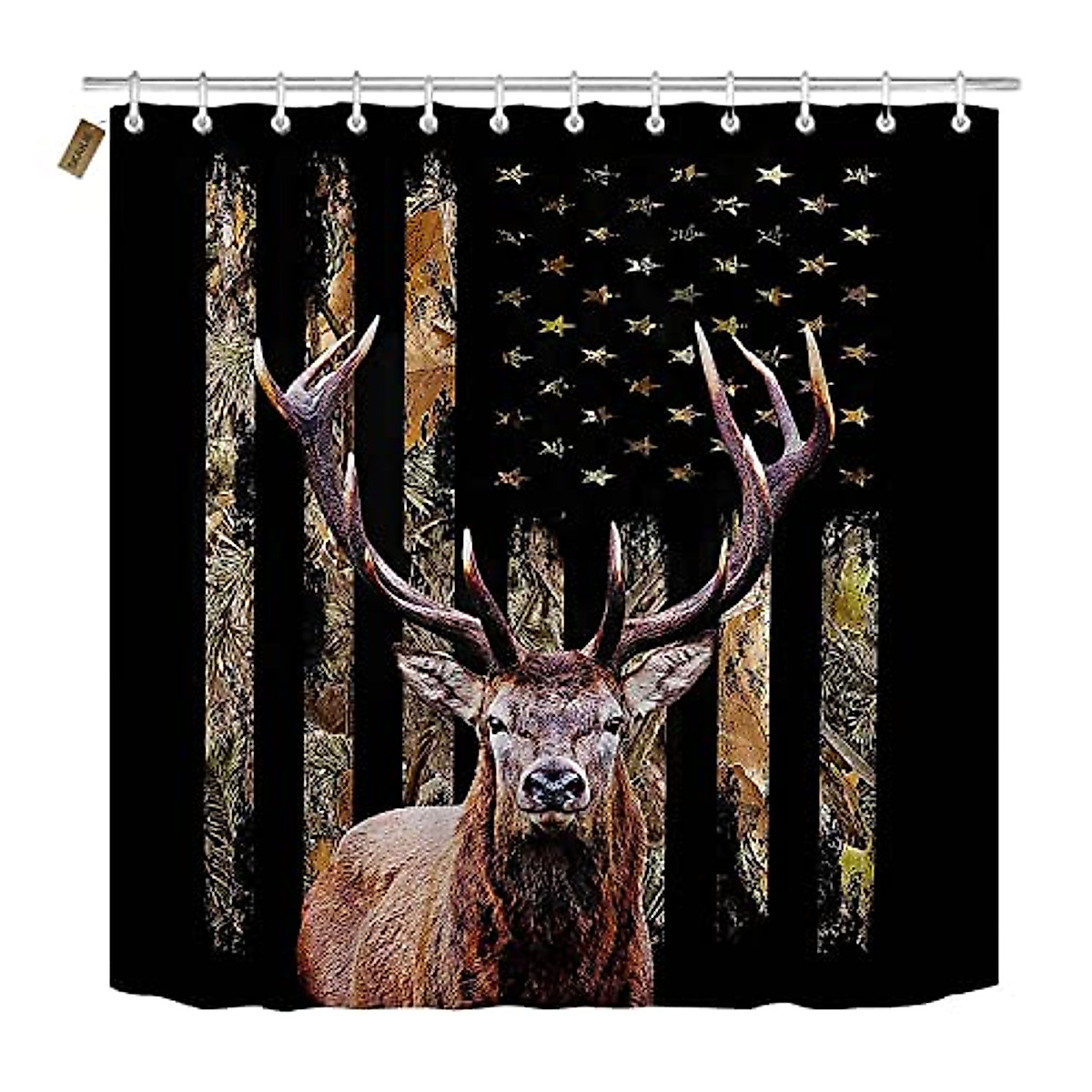 SKAILIÉ 4PCS Deer Shower Curtain Set, Camo Camouflage Black American Flag Moose Elk Woodland Animal Hunting Lodge Cabin Country Rustic Farmhouse Bathroom Decor Fabric Shower Curtain, Non-slip Bath Mat