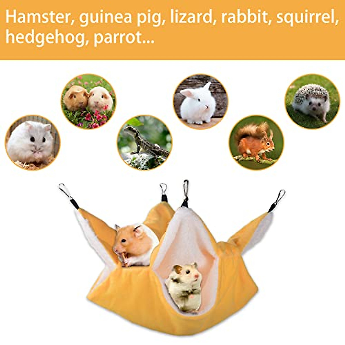 Ferret Hammock,2Pcs Soft Plush Small Animal Hanging Hammock,Warm Double Layer Rat Hammock,Hamster Hideout Hanging Bunkbed,Pet Cage Accessories for Guinea Pig Sugar Glider Squirrel(Yellow + Gray)
