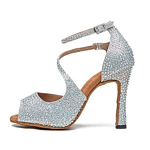 Minishion Ankle Strap Dance Shoes Sparkle Wedding Party Heels with Crystals L522 Silver US 9.5