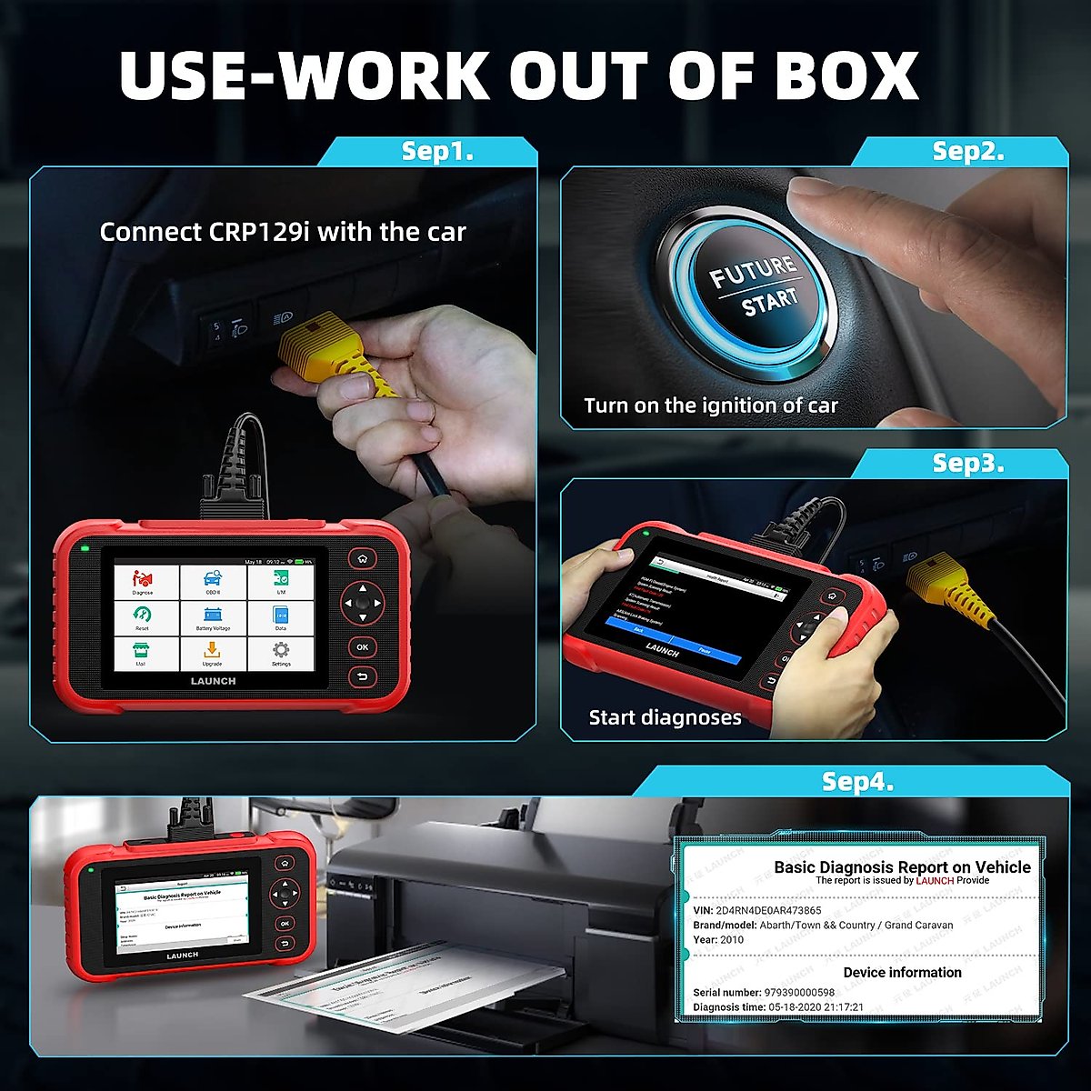 LAUNCH CRP129I OBD2 Scanner, Code Reader for Vehicle Engine ABS SRS Transmission, Car Diagnosis Tool with EPB SAS TPMS Oil Lamp Throttle Body Reset Battery Voltage Test, WiFi Free Update