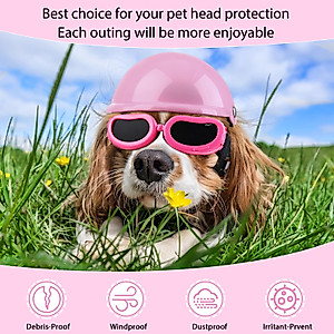 Pet Dog Helmet and Dog Goggles Set 4 Inch Padded Puppy Motorcycle Helmet Sunglasses Safety Cap Hard Hat Adorable Puppy Goggles with Adjustable Belt for Small Pet Riding, S Size(Pink)