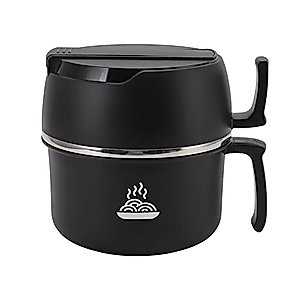plplaaoo Microwave Ramen Bowl Set,Ramen Soup Bowl Air Tight Lid,Stainless Steel Noodle Bowl Lunch Box Double Layer Ramen Bowl with Handle Lid Fork and Spoon for Office Workers Students(Black)