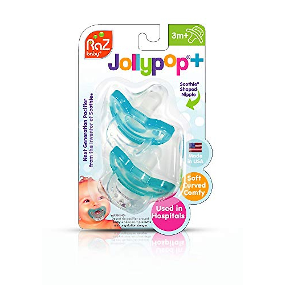 RaZbaby JollyPop Baby Pacifier Plus, 3m+, Teal, Double Pack