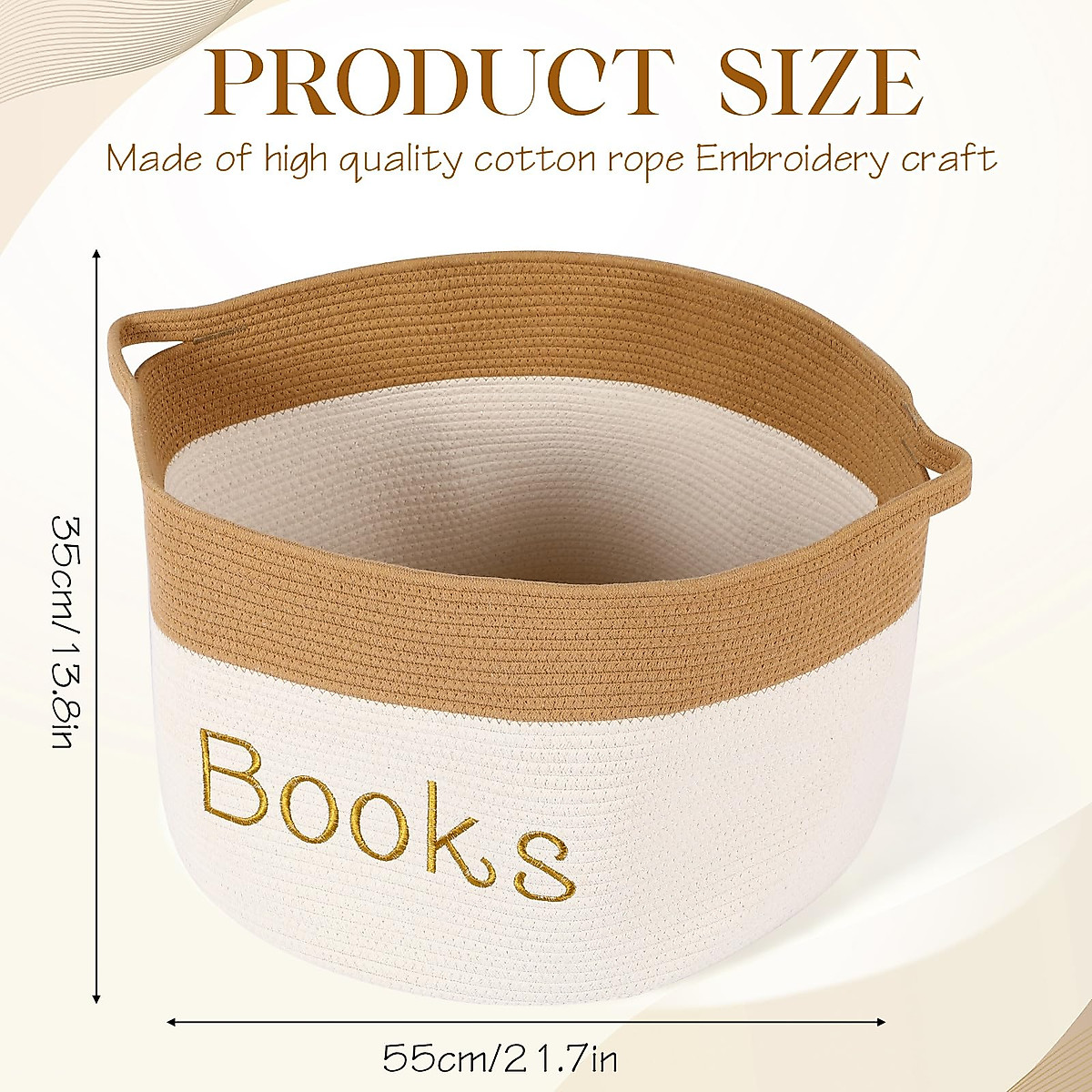 Dandat Cotton Rope Book Storage Basket Embroidered Book Bin 21.7 x 21.7 x 13.8 Inch Large Book Basket with Handles Book Tote Organizer for Nursery, Playroom, Living Room, Classroom