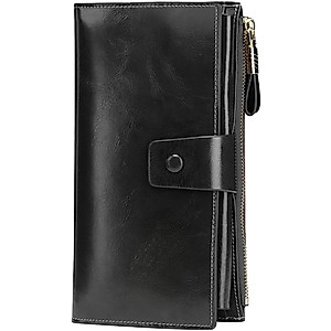 Itslife Womens Wallet RFID Blocking Large Capacity Luxury Wax Genuine Leather Wallets Clutch Wallet Ladies Card holder, Black