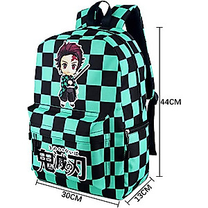 Roffatide Anime Demon Slayer Backpack Black Green Plaid School Bag Large Capacity Laptop Back Pack