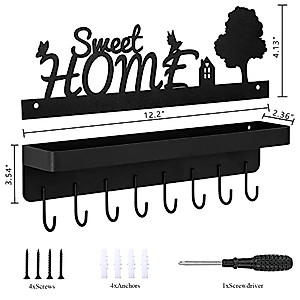 HLWDFLZ Key and Mail Holder for Wall - 2 in 1 Key Hanger for Wall Decorative with 8 Key Hooks for Entrance, Mudroom, Hallway, Bathroom, Kitchen, Matte Black 12.07" x 2.36" x 6.7"