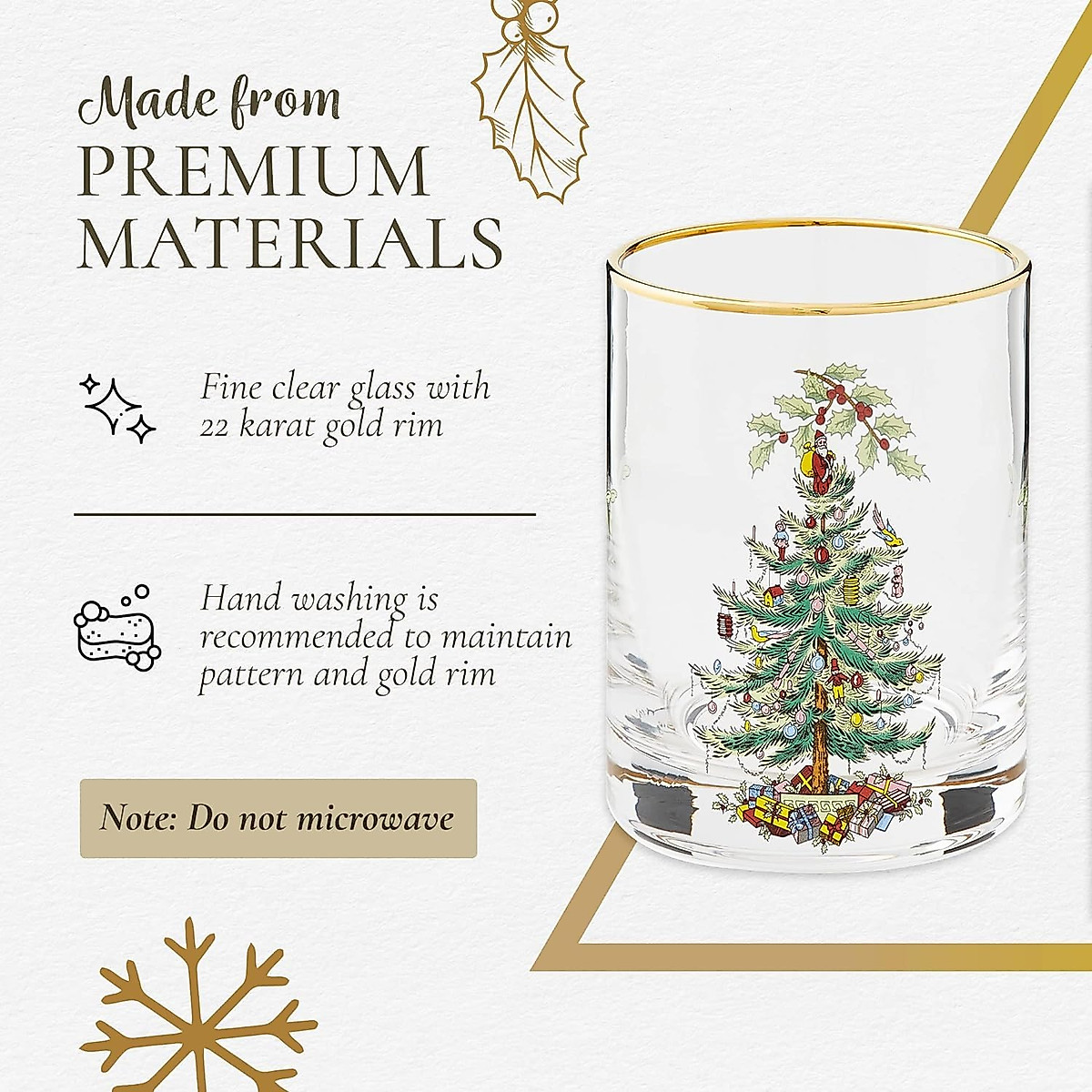 Spode Christmas Tree 14oz Double Old Fashioned Glasses, Set of 4 - Festive Holiday Drinkware with Rustic Christmas Design, Excellent for Whiskey at Holiday Gatherings and Cozy Celebrations