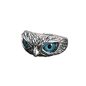 925 Sterling Silver Owl Ring blue or red eyes for men and women animal jewelry (Blue)