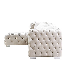 Acme Furniture Velvet Upholstered Sectional Sofa with 4 Pillows, Beige