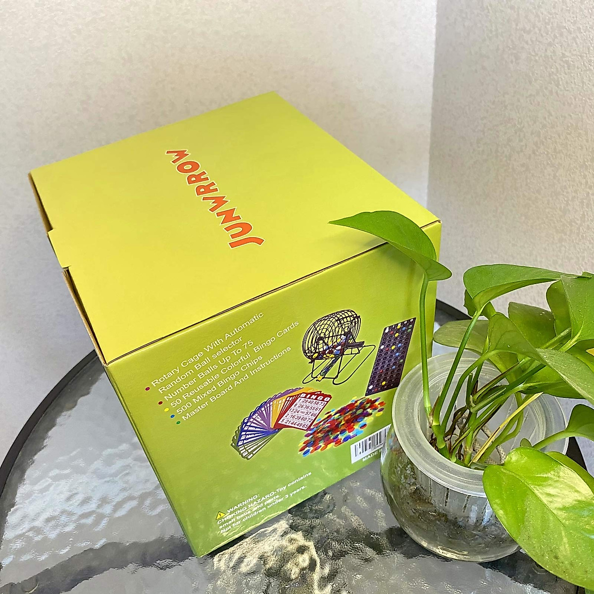 JUNWRROW Deluxe Bingo Game Set with 6 Inch Cage, Master Board,75 Colored Balls a Bag, 50 Cards, and 500 Color Mix Chips Ideal for Large Groups