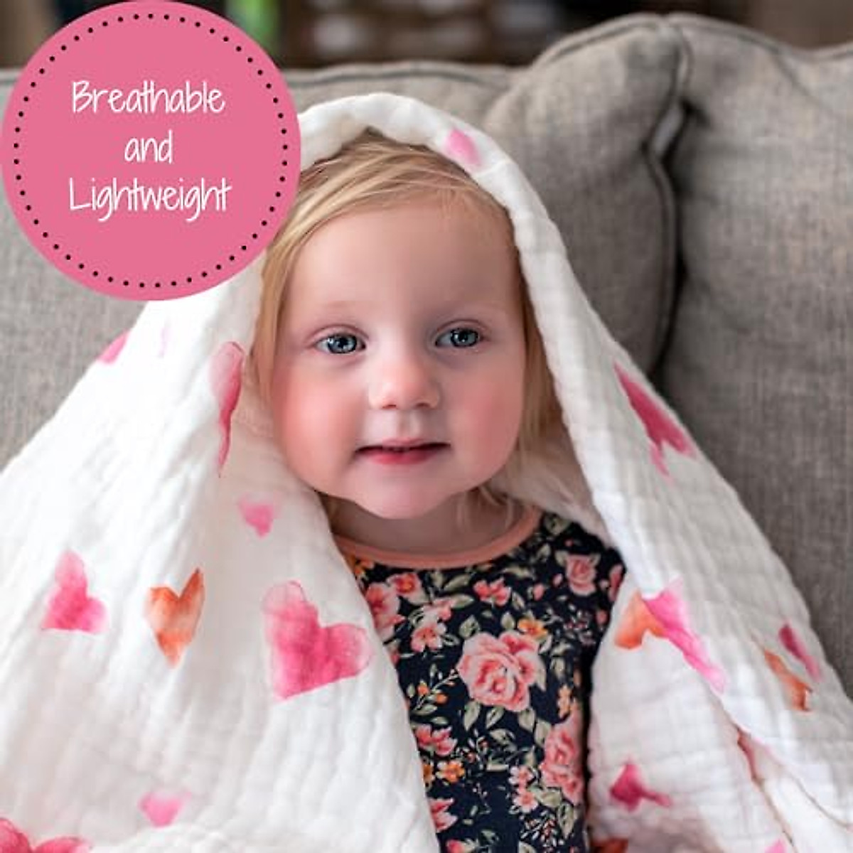 LollyBanks Muslin Baby Quilt 100% Cotton, 6 Layers Soft Baby Blankets for Girls, Large 47 x 47 Inches Baby Receiving Blankets, Durable Baby Bedding, Newborn Essentials, Registry (Heart Print)