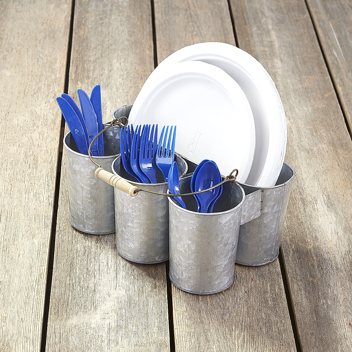 The Lakeside Collection Metal Serving Caddy - Rustic Silverware Organizer and Plate Holder - Galvanized