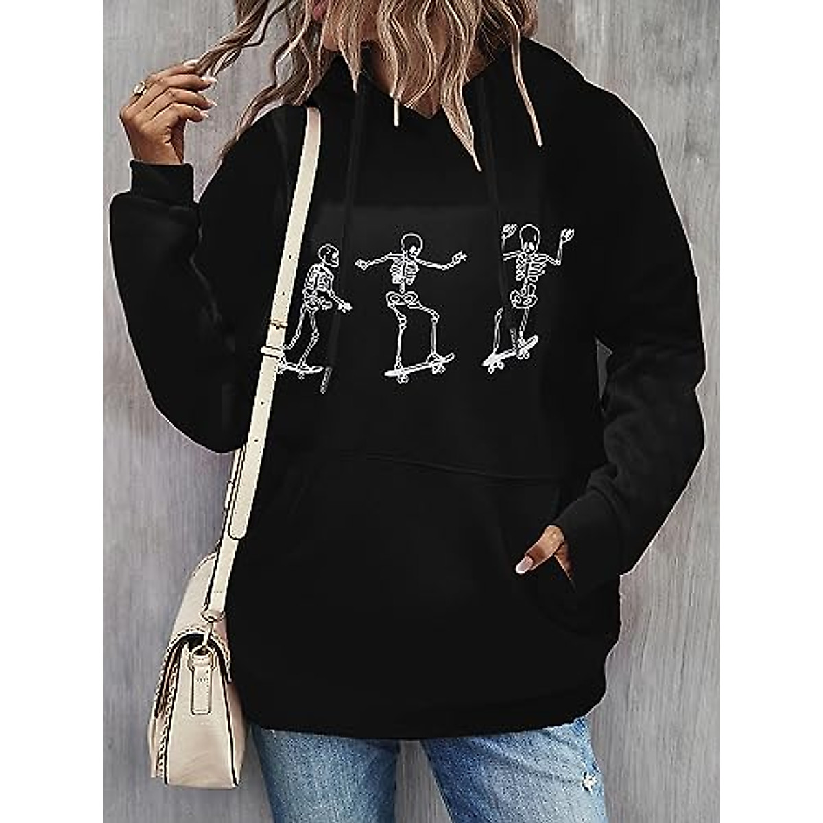 LilyCoco Women's Graphic Hooded Sweatshirt Crewneck Oversized Pullover Hoodies Skeleton Black X-Large