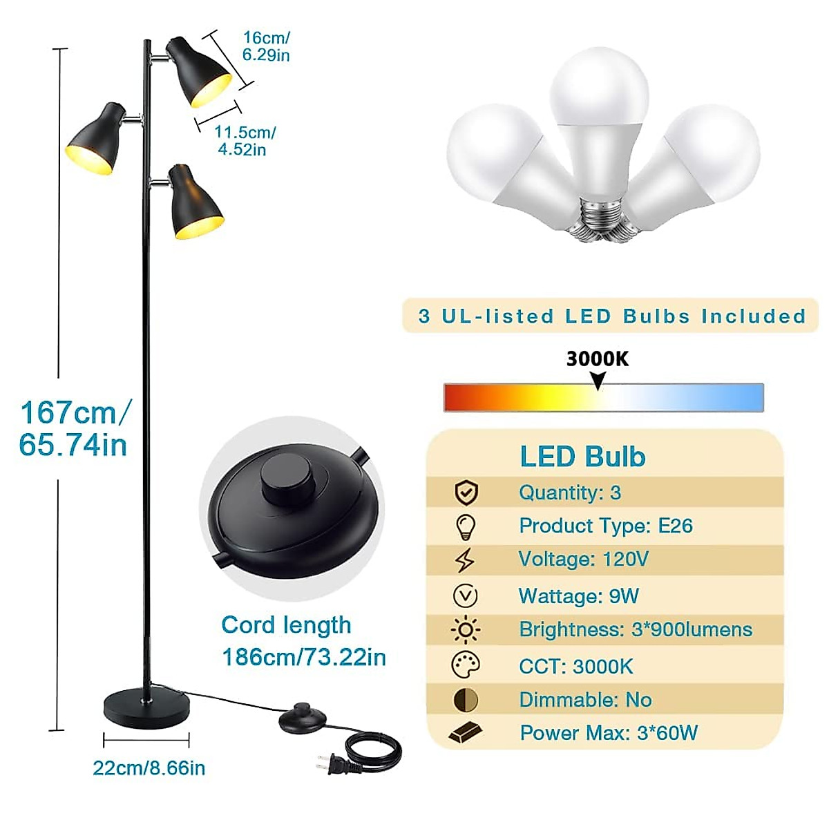 Depuley 3 Lights Tree Floor Lamp, Industrial LED Metal Reading Lamp, Skinny Floor Lamp,Farmhouse Black Standing Light for Living Room, Office, Adjustable Heads, Foot Switch, Bulb Included