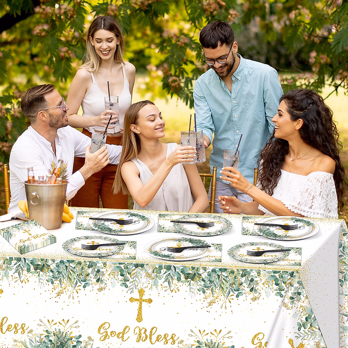 98pcs God Bless Plates Baptism Tableware First Holy Communion Mi Bautizo Disposable Tableware Set with Plates Napkins Tablecloth for Newborn Baby Shower Party Christening Religious Party Decorations