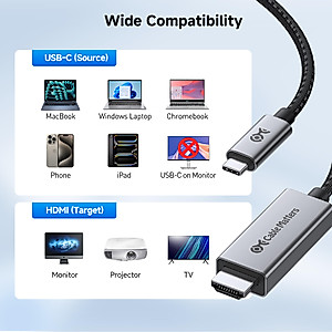 Cable Matters 48Gbps 8K USB C to HDMI 2.1 Cable 6 ft, Support 4K 240Hz and 8K 60Hz HDR - Thunderbolt 3, Thunderbolt 4, USB4 Compatible with iPhone 16/15 - Max Resolution on Any MacBook is 4K 60Hz