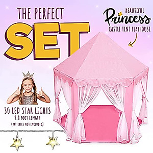 ORIAN Princess Castle Playhouse Tent for Girls with LED Star Lights – Indoor & Outdoor Large Kids Play Tent for Imaginative Games – ASTM Certified, 230 Polyester Taffeta. Pink 55"x53".