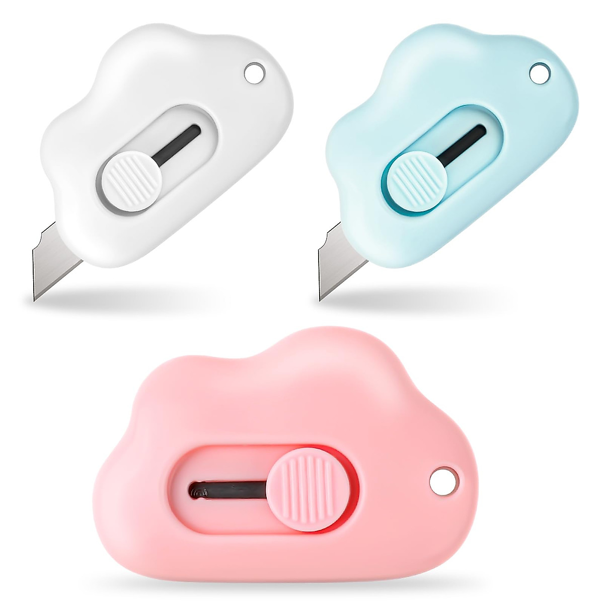 Cute Retractable Box Cutter Cloud Shaped Mini Box Cutters Utility Knives Art Cutter Package Opener Tool for Office, Home, DIY Crafts (Blue&White&Pink)