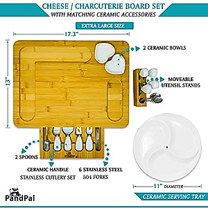 Large Charcuterie Board and Knife Set – Unique Bamboo Cheese Board Set with Fruit Plate & Stainless Steel Ceramic Accessories, Charcuterie Platter & Serving Tray (17.3" x 13")