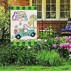 Tatuo 2 Pieces Happy Easter Bunny Gnome Garden Flag Double Sided Easter Bunny Vertical Burlap House Flags Spring Yard Outdoor Decoration Supplies, 18 x 12 Inch