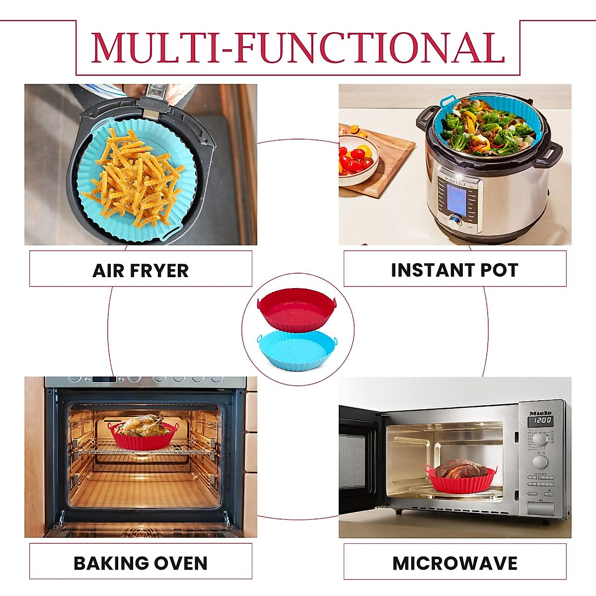 RR Brand Silicone Air Fryer Liners, 6.3” 2 Pieces Non-stick Paper for Frying Cooking,Oil-Proof for Steamer and Microwave Air Fryer Basket Pot,Air Fryer Silicon Liners Fits to 3-7 QT(Blue & Red)