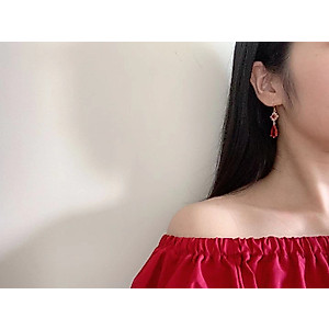 MOMOCAT 18K Gold Plated Artificial Ruby Red Teardrop Earrings for Women Dangle Vintage Jewelry Statement Chandelier Dangling Christmas Art Deco Crystal Unique Antique Hook Warrings for Women