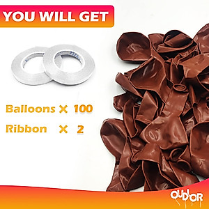 Oudlor 100pcs Brown Balloons 12 inch Brown Party Decoration Balloons Premium Thicker Helium Latex Balloon for Wedding Birthday Christmas Halloween Baby Shower With 2 Ribbons